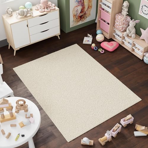 Ottomanson Indoor Solid Shag Design Rubber Back 5x7 Soft Pile Shag Area Rug for Bedroom, Living Room, Dining Room, Office, 5' x 7', Cream