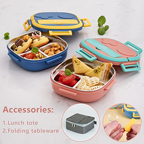 Lille Home 18oz Stainless Steel Leakproof 3-Compartment Bento Lunch Box/Portion Control Food Container with Lunch Bag and Foldable Spoon, BPA Free (Pink)
