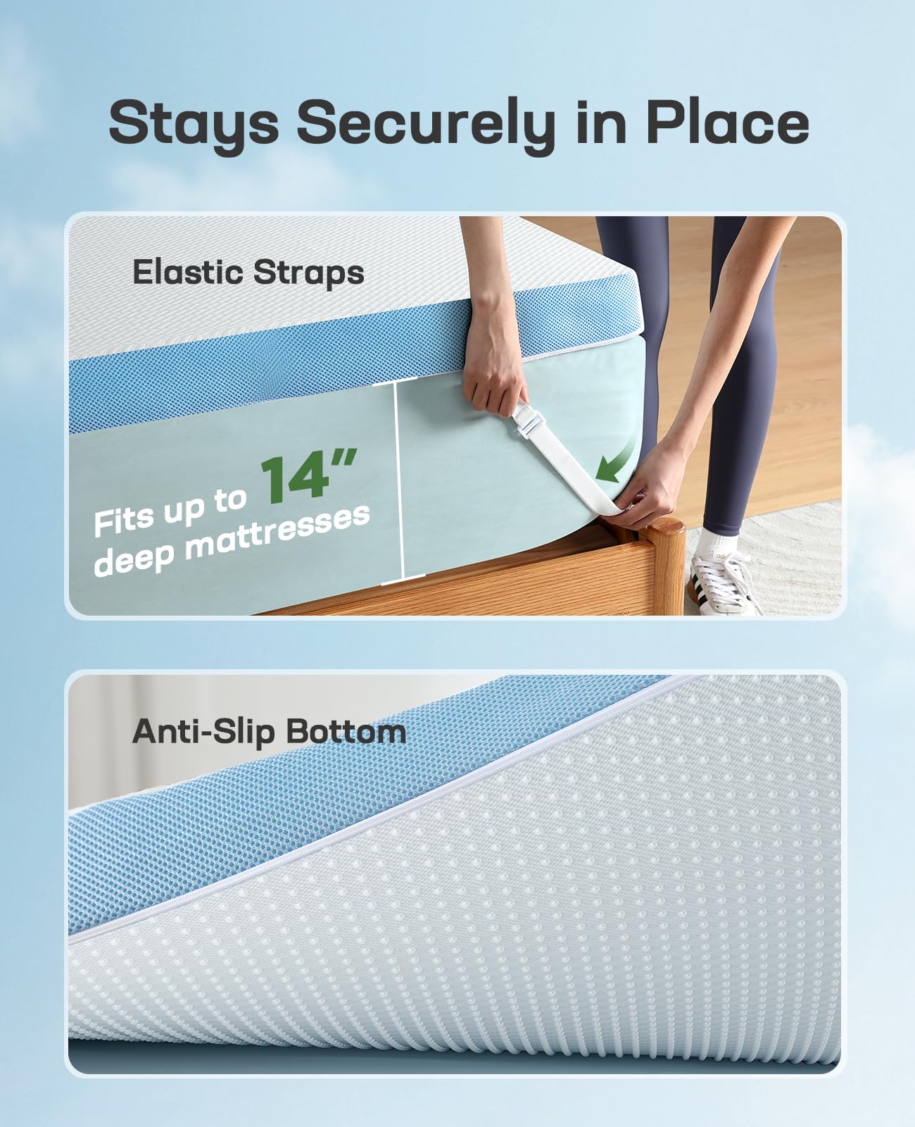 Marsail 3-Inch Full Mattress Topper with Cool Cover, Breathable Gel Memory Foam Mattress Topper with Elastic Straps & Anti-Slip Bottom for Body Pain Relief, CertiPUR-US Certified, MSMT11W-F3