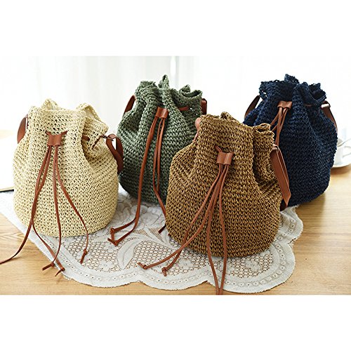 Donalworld Women Bucket Bag Drawstring Hobo Crochet Straw Shoulder Bag L Beige