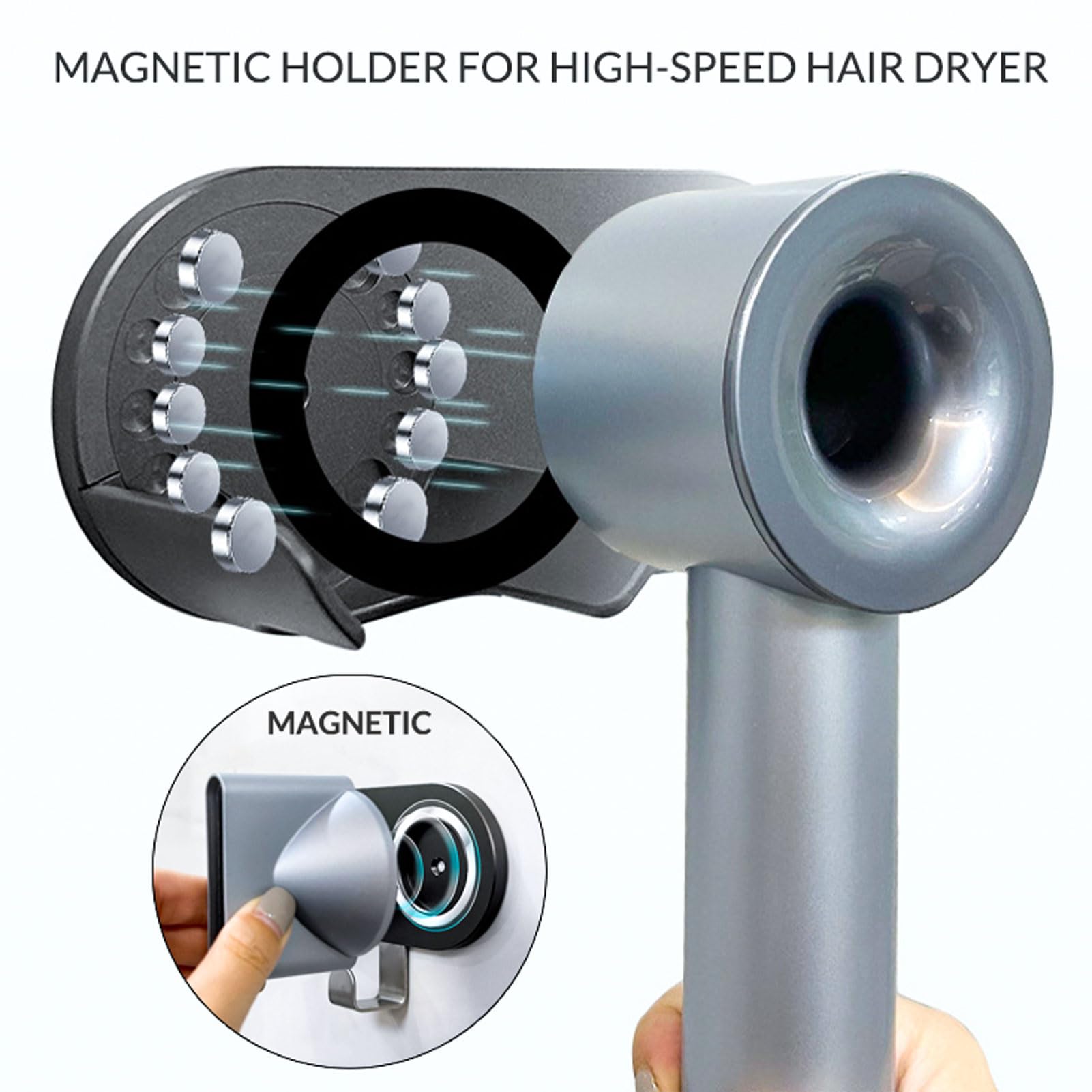 simpletome Hair Dryer Holder Wall Mount for All Magnetic High Speed Blow Dryer with Plug Cord Organizer Hook (Aluminum Alloy, Grey)