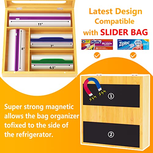 Ziplock Bag Storage Organizer for Drawer - Bamboo Kitchen Food Storage Bag Organizer Holders, Gallon Quart Snack Sandwich and Slider Bag Dispenser, Compatible with Ziploc Hefty Glad Solimo and More