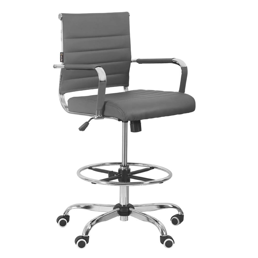 Drafting Chair Stool with Footring,Computer Chair with Arm PU Wrap,Footrest Height Adjustable,Padded Tall Ribbed,Back Support ,Swivel Rolling,Footrest,Office Chair Swivel Computer Task Chair (Grey)