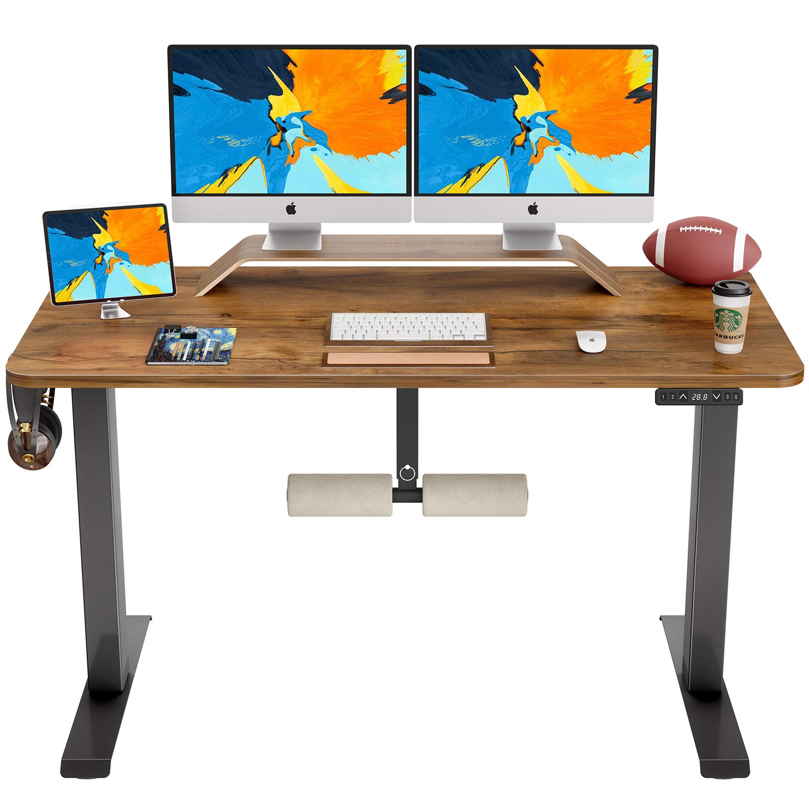 FAMISKY 55 Inch Dual Motor Height Adjustable Standing Desk with Foot Rest, Sit Stand Home Office Desk with Hooks, Ergonomic Workstation Black Steel Frame/Rustic Brown Wood Top