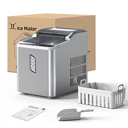 Ice Makers Countertop, Portable Ice Maker, 26lbs/24Hrs 9 Bullet Ice Cubes Ready in 7 Mins, Self-Cleaning Function, L&S Size, with Ice Scoop and Basket, Perfect for Party, Silver