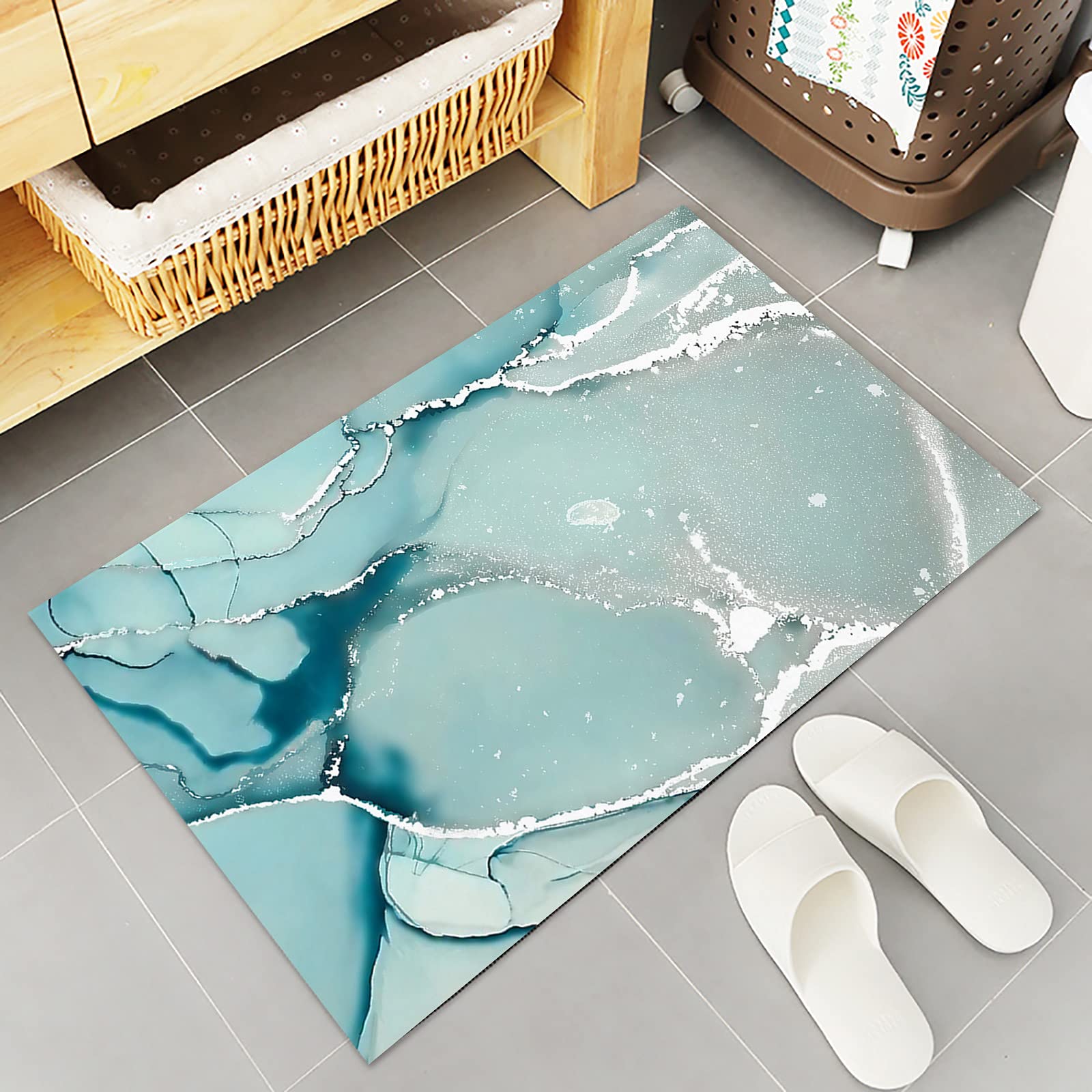 Gemhome Marble Absorbent Kitchen Rugs and Mats Set of 2, Modern Marble Non-Slip Comfort Floor Rug, Doormat Runner Carpet for Laundry Bathroom 15.7x23.6in+15.7x47.2in, Aqua Teal Marble Pattern