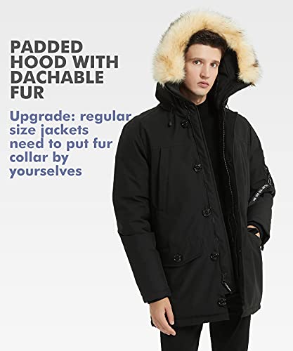 PUREMSX Men's Padded Jacket Insulated, Expedition Mountain Heavy Weight Thicken Lined Skiing Fur Hooded Long Anorak Parka,Black,Small