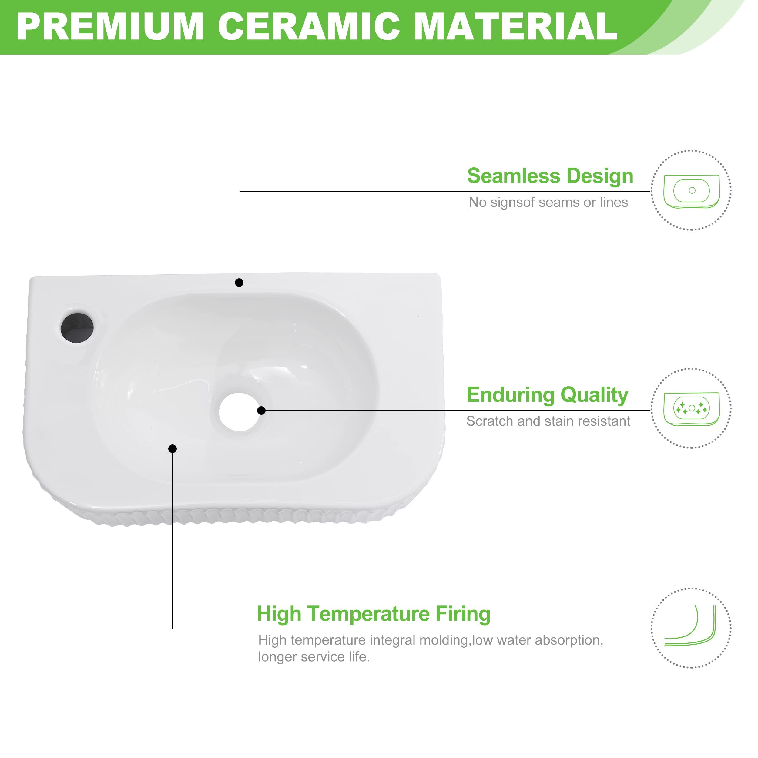 Hiomiestiy Bathroom Vessel Sink Rectangular Wall Mount Sink White Wall Mounted Bathroom Sink with Faucet and Drain White Porcelain Ceramic Washing Small Bathroom Vanity Sink