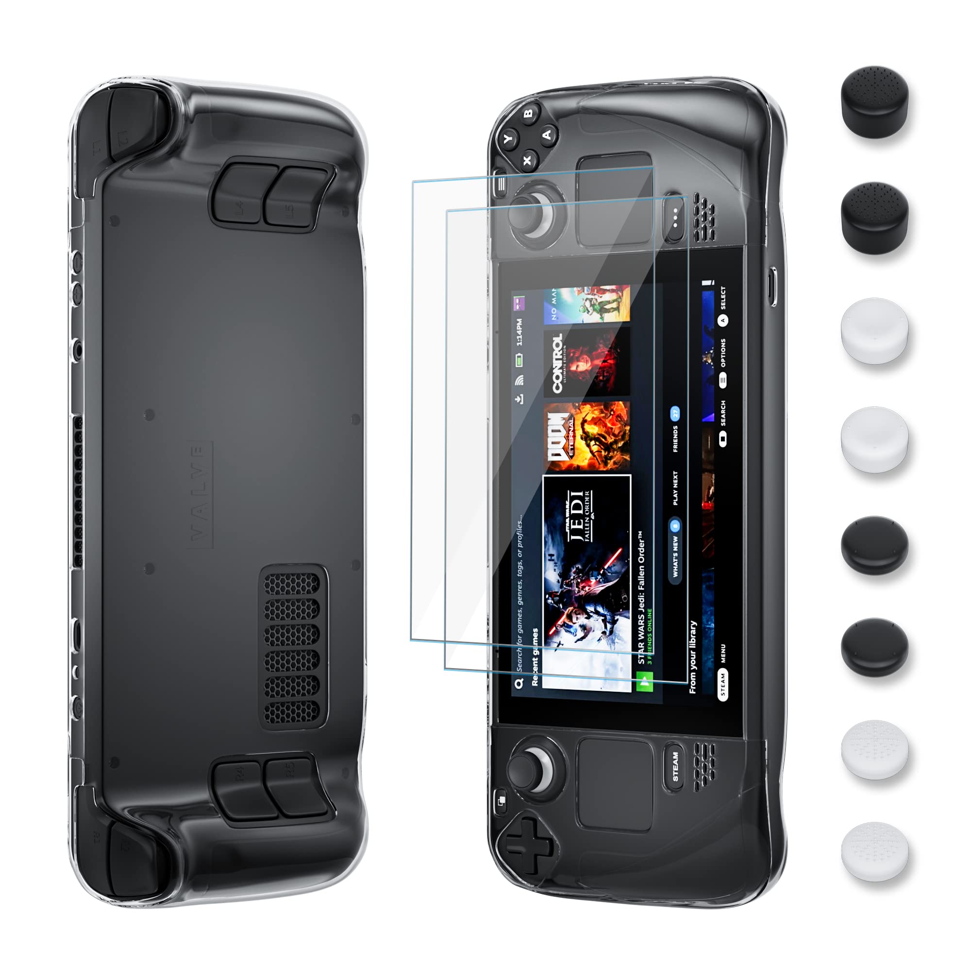 GLDRAM Protective Case for Valve Steam Deck, Clear PC Cover Kit Compatible with Steam Deck with 2 Glass Screen Protector, 8 Thumb Grip Caps, Hard Shell Accessories Drop Protection, Anti- Scratch