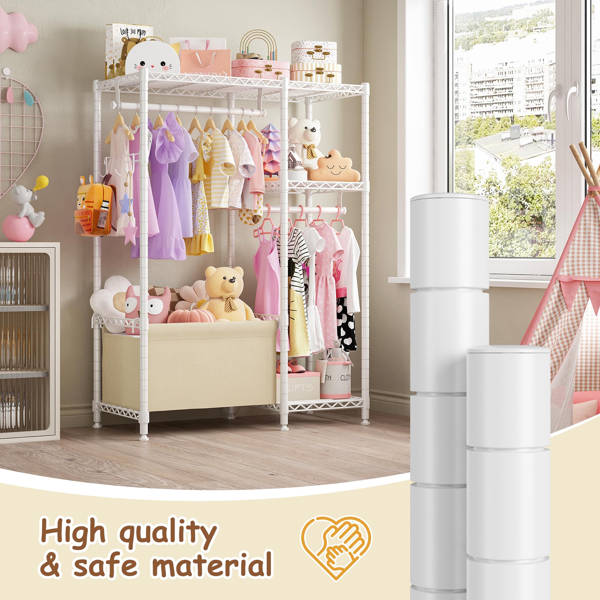 Raybee Small Clothes Rail for Bedroom, Clothes Rack with Storage Basket, Petite Portable Hanging Rails for Clothes with Shelves, 55.1" H * 37.8" W * 13.4" D, White
