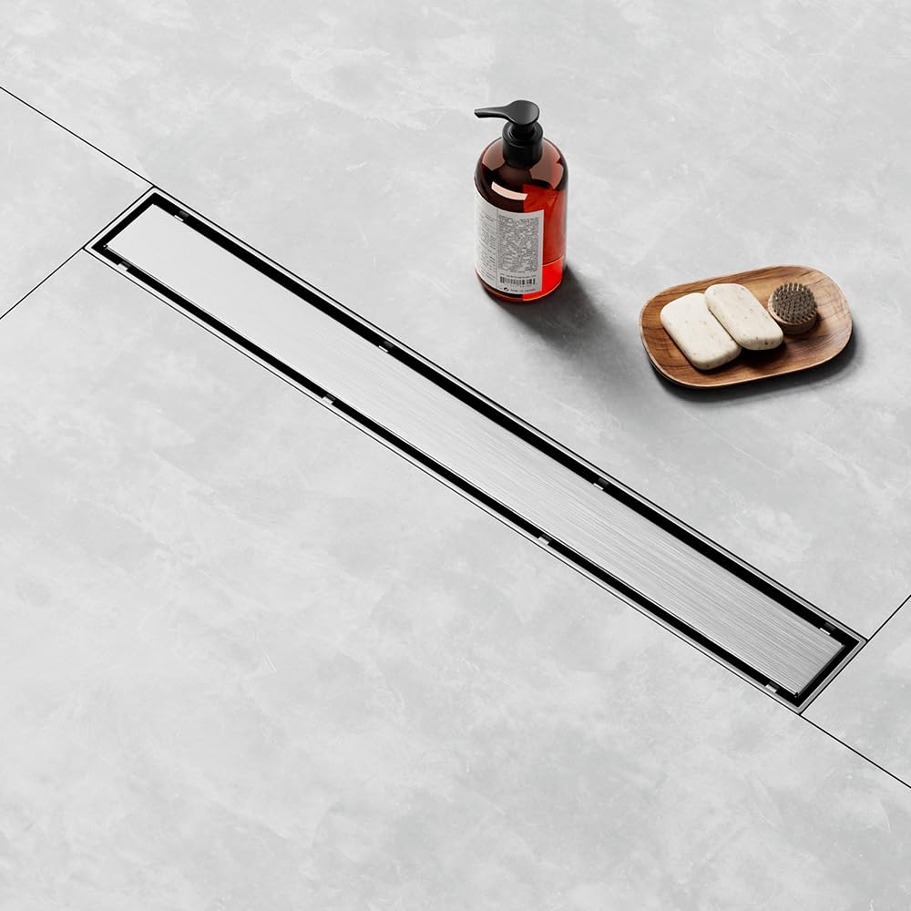 LISEEGO Linear Shower Drain 60 Inch, Shower Drain with 2-in-1 Tile Insert Panel, Brushed AISI 304 Stainless Steel Linear Drain for Fast Drainage, Floor Drain for Bathroom, Kitchen, Garage & More