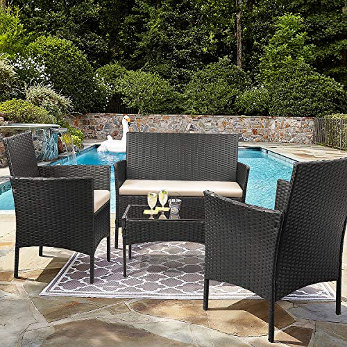 KaiMeng Patio Outdoor 4 Pieces Indoor Use Conversation Sets Rattan Wicker Chair with Table Backyard Lawn Porch Garden Poolside Balcony Furniture, Black