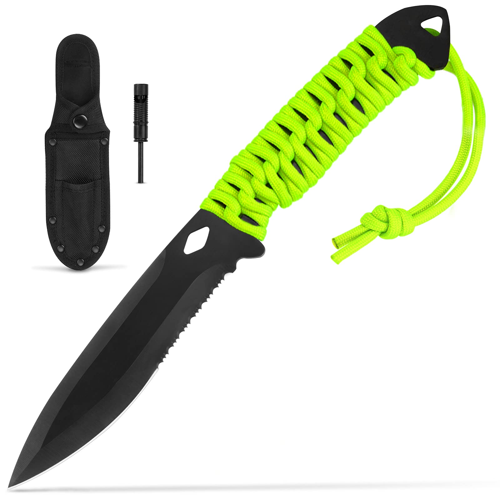 Extremus Bushcraft Survival Hunting Camping Knife with Serrated Edge, Fixed Blade with Cordura Sheath, 750 lb. Rated Paracord Handles, Includes Magnesium Fire Starter/Whistle, 5-Inch