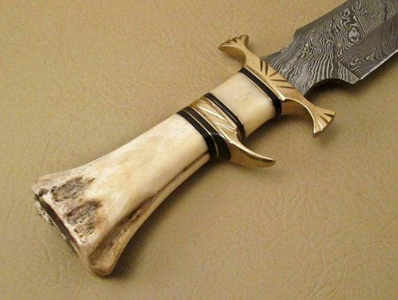 Hadi Enterprises-15" Handmade Damascus Hunting Knife with Leather Sheath - Ideal for Skinning, Camping, Outdoor -Fixed Blade Bushcraft Knife with Bone Handle-(BN-001)