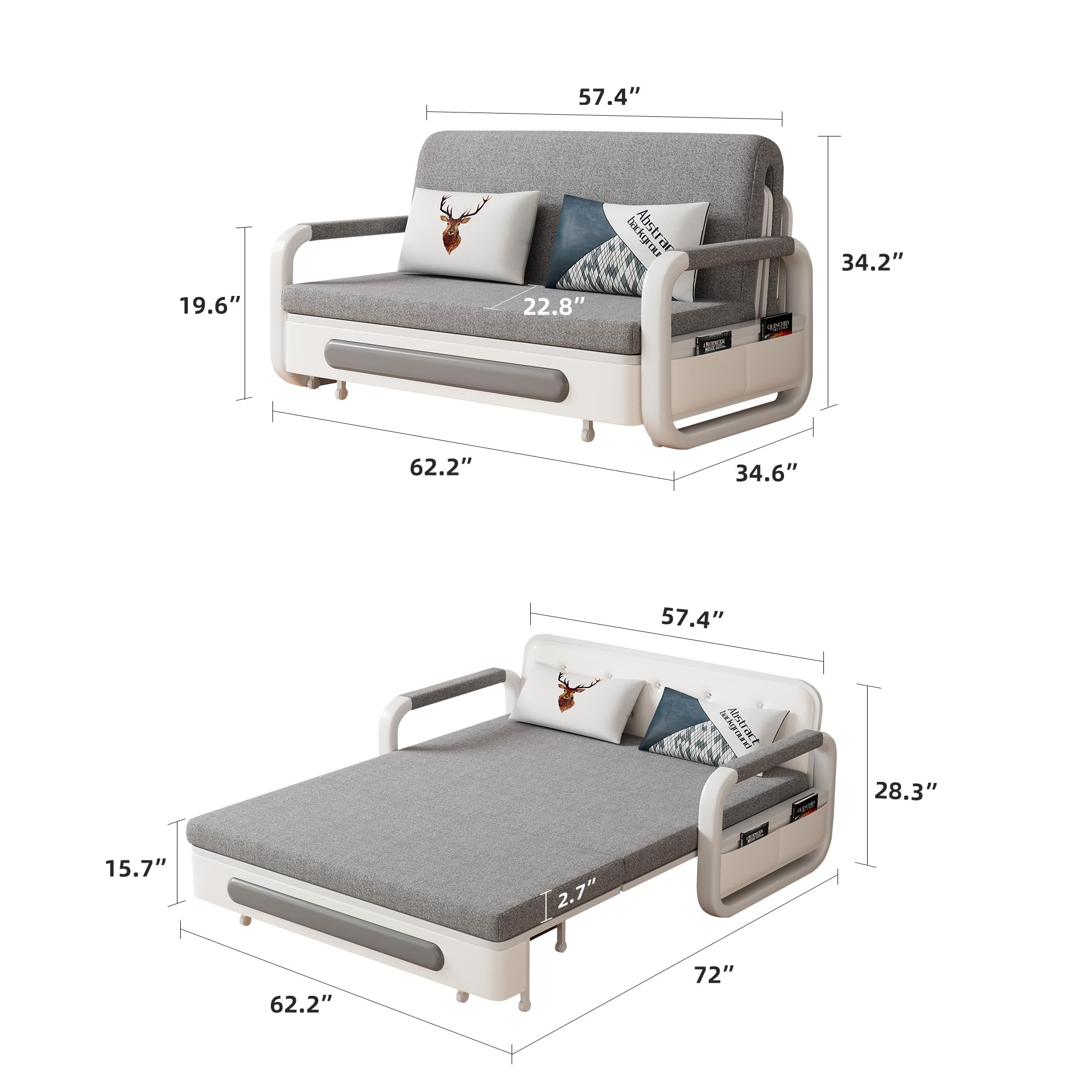 Luck Idea 62" Modern Light Gray Cotton Linen Upholstered Convertible Pull Out Sofa Bed with Storage, Perfect for Living Room or Bedroom (34.6" D x 62.2" W x 34.2" H)