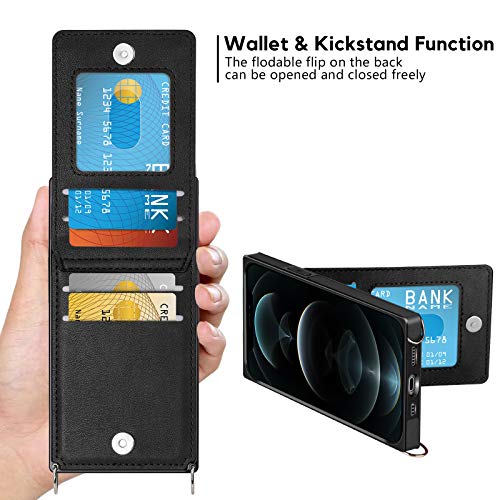 Vofolen Compatible with iPhone 13 Wallet Case with Credit Card Holder Lanyard Crossbody Strap Leather Magnetic Clasp Kickstand Heavy Duty Protective Square Flip Cover for iPhone 13 6.1 Black