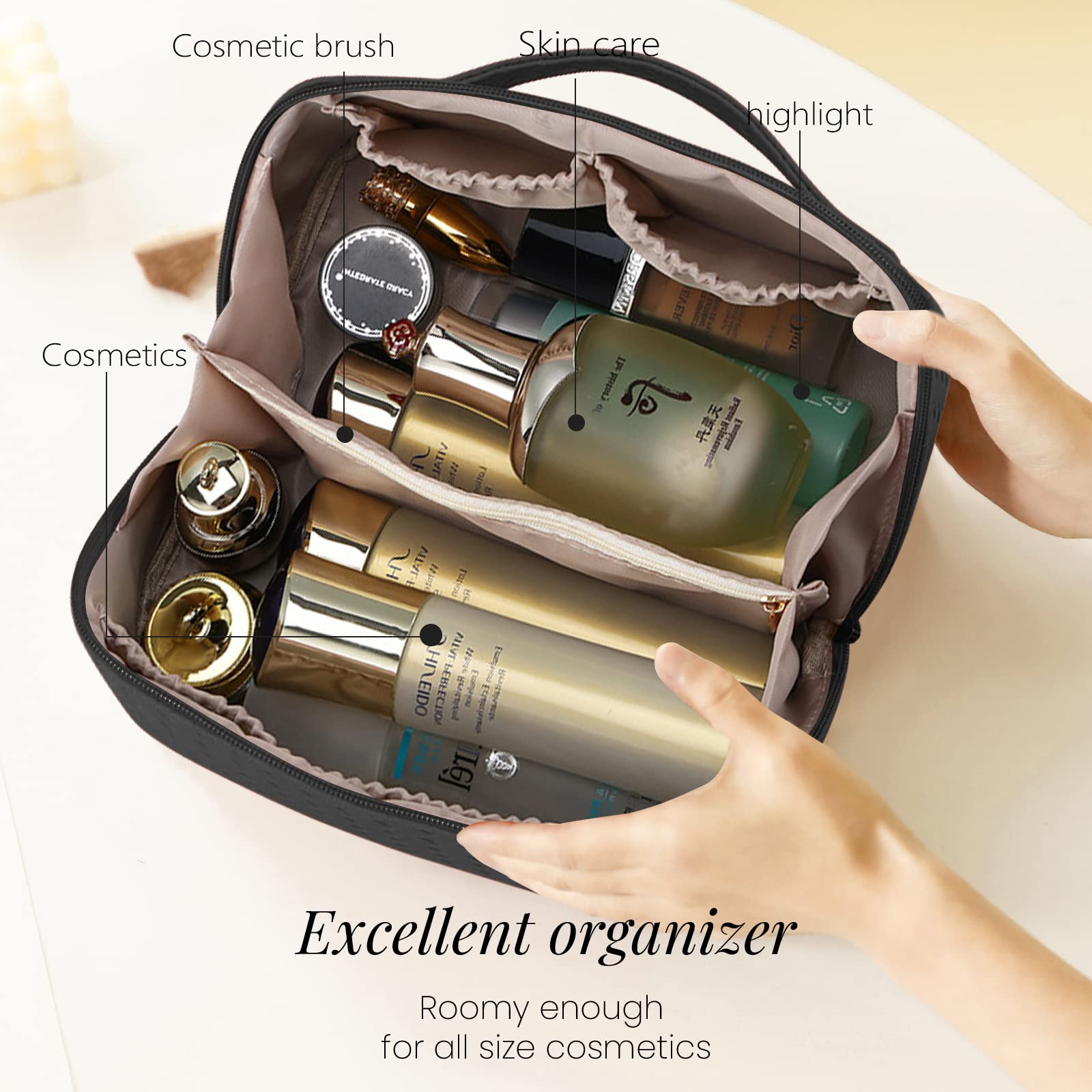 LASPERAL Travel Makeup Bag Large Capacity Cosmetic Bag Organizer Leather Waterproof Portable Compact Skincare Storage Checkered Pouch with Handle and Dividers for Women Girls Makeup Brushes (Black)