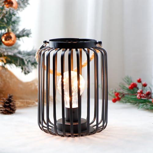 JHY DESIGN 7.5" High Metal Cage Decorative Lamp Battery Powered Cordless Warm White Light with LED Edison Style Bulb Great for Weddings Parties Patio Events Indoors Outdoors with Hemp Rope Handle