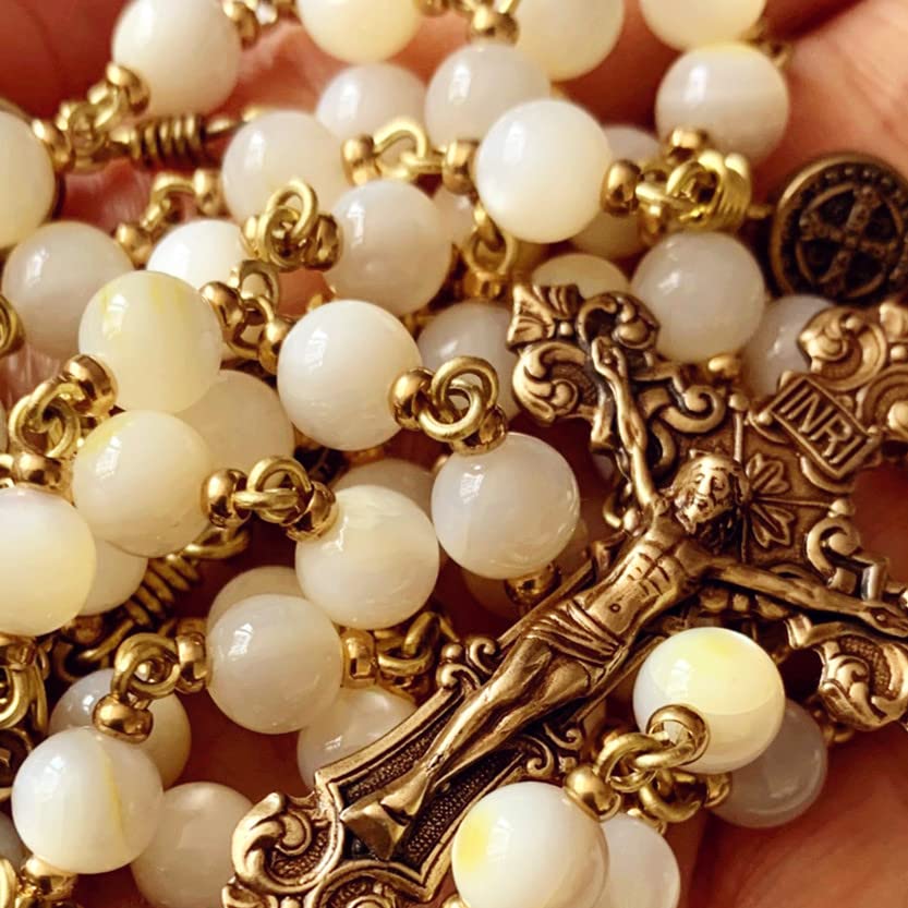 elegantmedical HANDMADE COPPER CATHOLIC ROSARY Moonlight Mother of Pearl Beads necklace Crucifix Cross gift box Gift