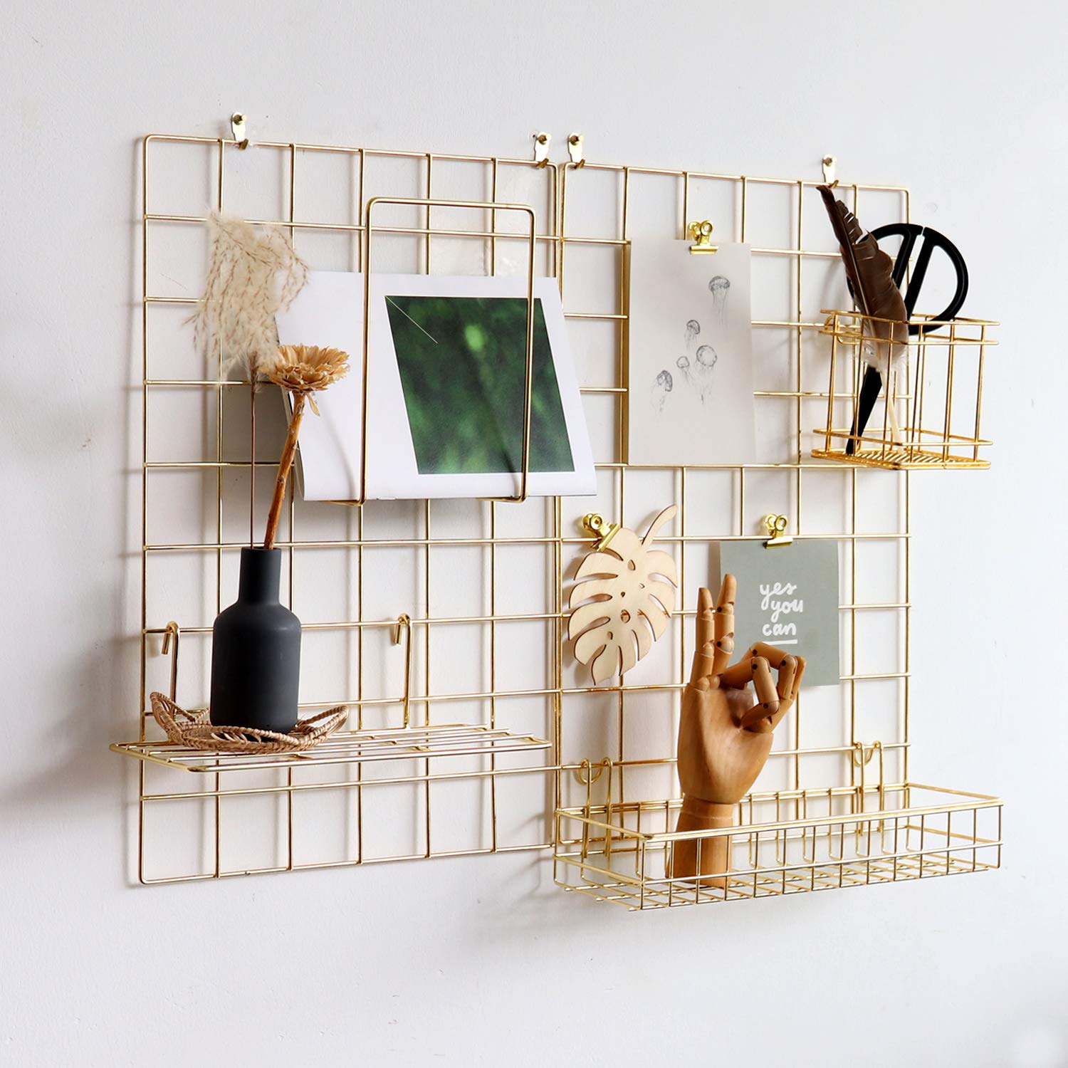 FRIADE Wall Grid Panel for Photo Display,Wall Storage Organizer,5 Metal Clips & 3 S Hooks & 4 Nails & 4 Plastic Hanging Buckles and 4 Screws Offered,Size 17.5" x 11.8",2 Pack(Gold)
