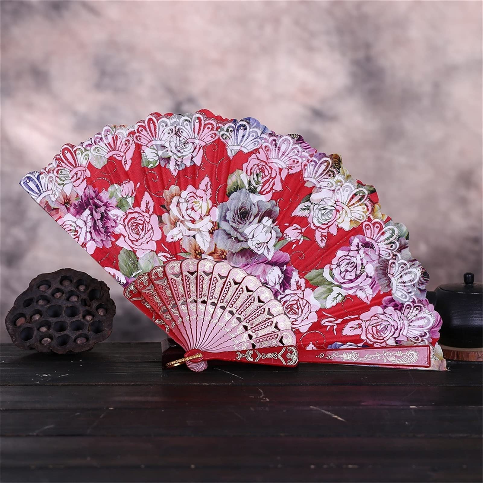DUO ER Chinese Style Hand Held Folding Dance Fan Wedding Party Lace Folding Hand Held Flower Fan Summer Wedding Fan Party (Color : Blue)