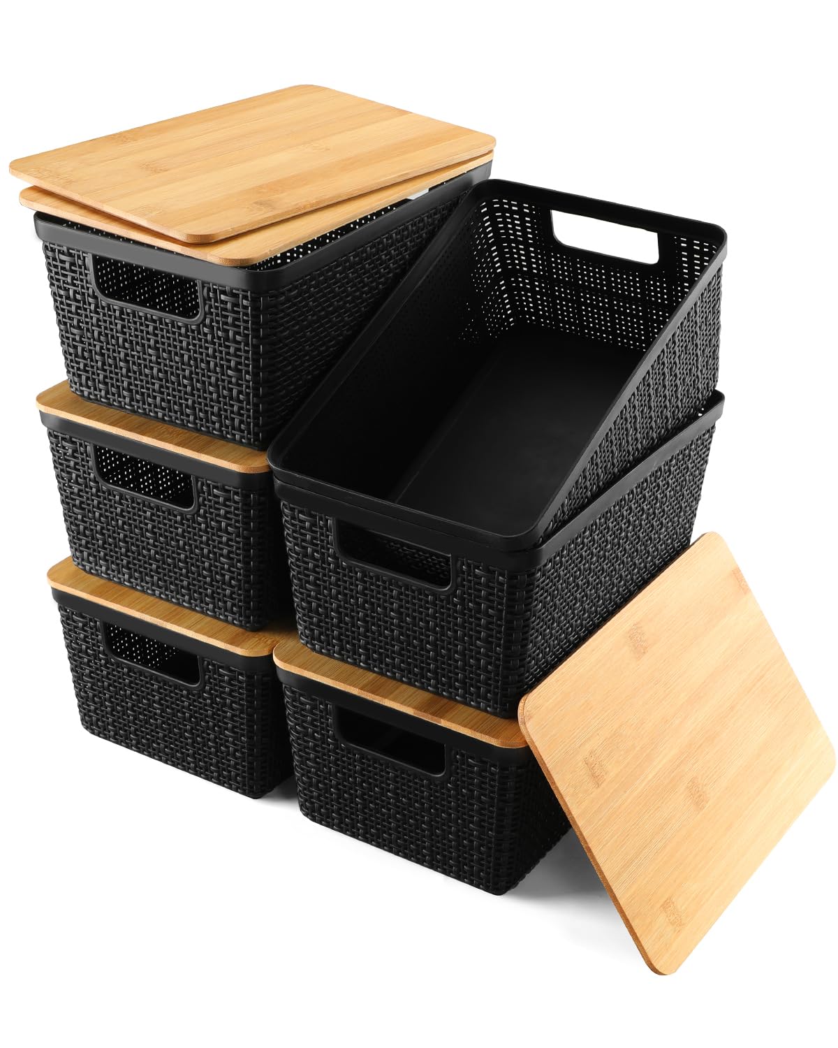 Storage Bins with Lids 6 Packs, Plastic Storage Baskets with Bamboo Lids-Stackable Storage Containers for Shelves Drawers Desktop Closet Pantry Playroom Classroom Office, Black
