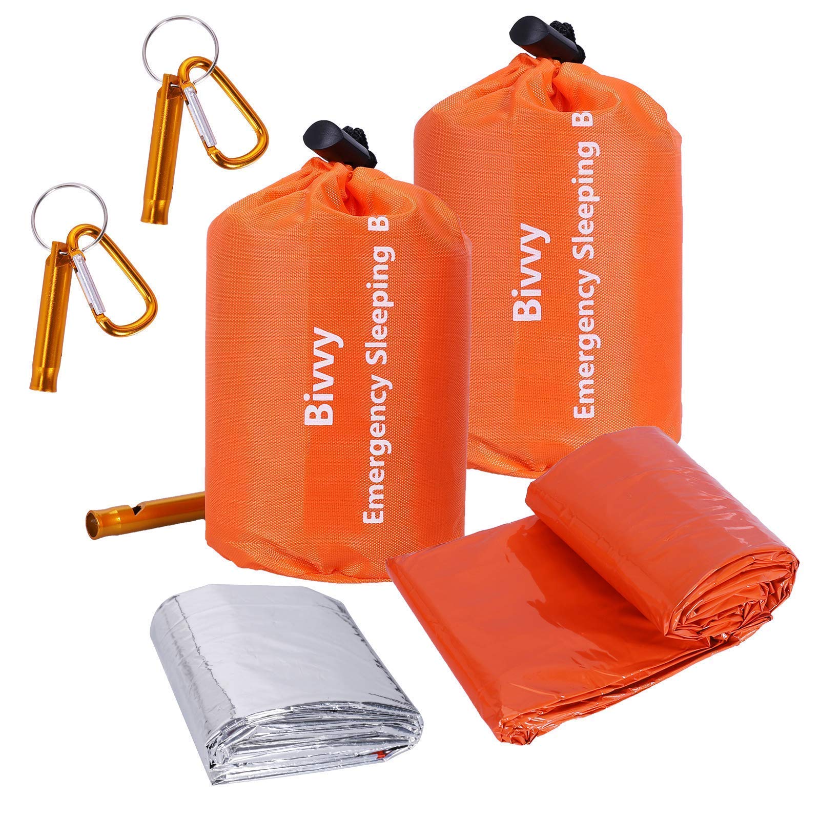 Emergency Survival Sleeping Bag with Stuff Sack and Whistle Waterproof Thermal Bivy Sack Portable Lightweight Emergency Survival Blanket for Camping,Hiking,Outdoor Adventure Activities(2 Pack)