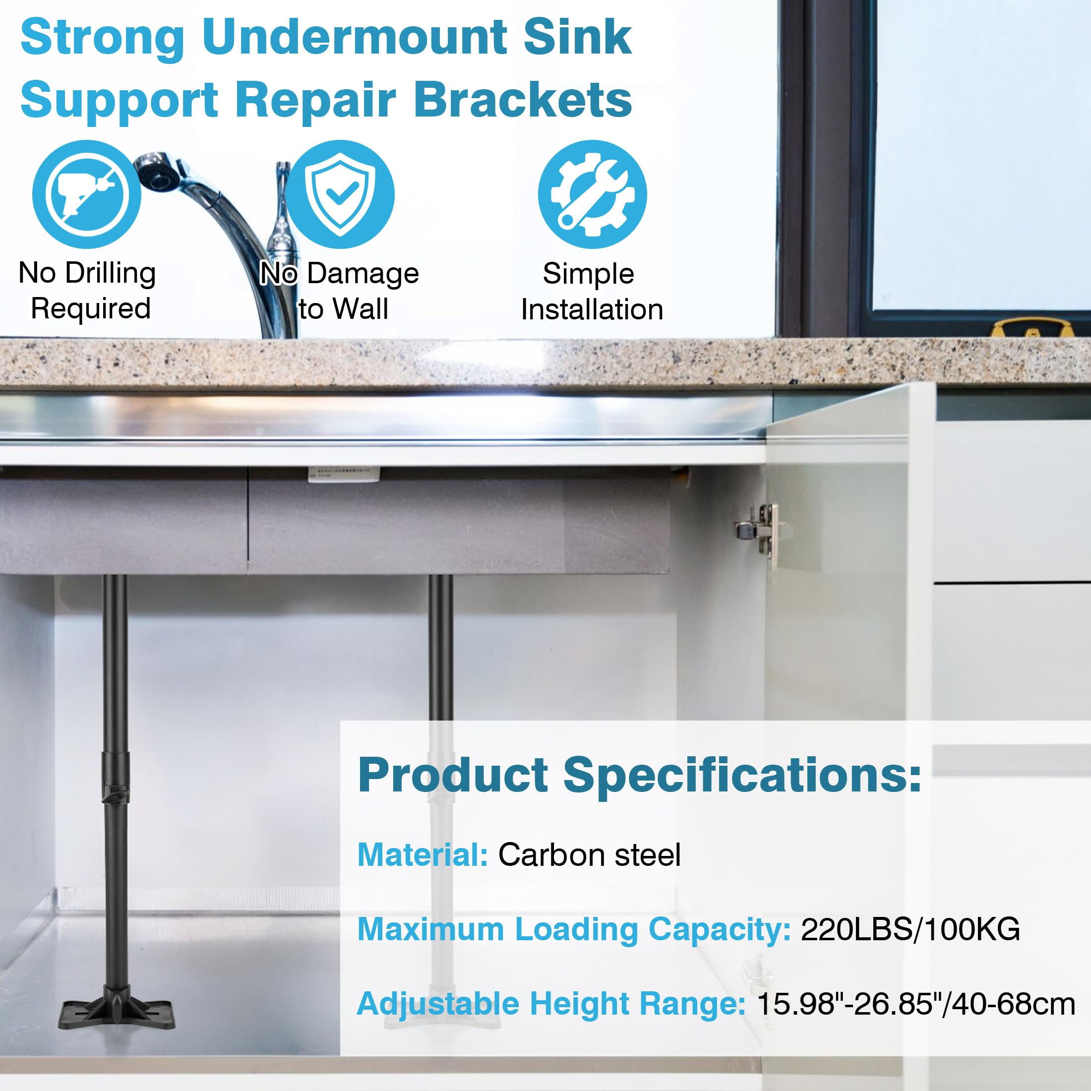 IRONWALLS Undermount Sink Brackets, 2PCS 17.7β-29.5β/45-75cm Height Steel Kitchen Sink Cabinet Support Poles Adjustable, Drilling Free Sink Repair Kit for Kitchen, Bathroom