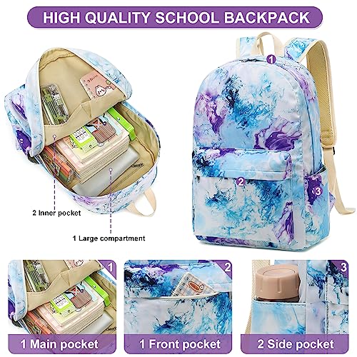 School Backpack for Teen Girls Bookbags Elementary High School Marble Laptop Bags Women Travel Daypacks (Marble Blue)