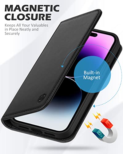 SHIELDON Case for iPhone 14 Pro Max 5G 6.7", Genuine Leather iPhone 14 Pro Max Wallet Case Flip Cover RFID Blocking Card Slots Magnetic Closure Case Compatible with iPhone 14 Pro Max 2022 - Black