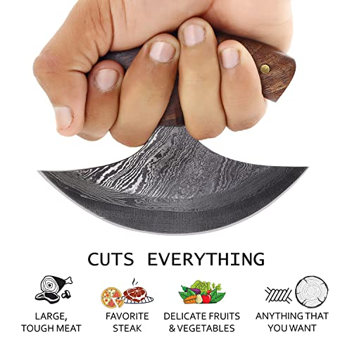 Hercules Knives Custom San Mai Damascus Steel Traditional Alaskan Ulu Knife Multi-Purpose Pizza Cutter, Vegetable Chopping, Boning Slicing Cutting Walnut Handle Leather Sheath (UL-05)