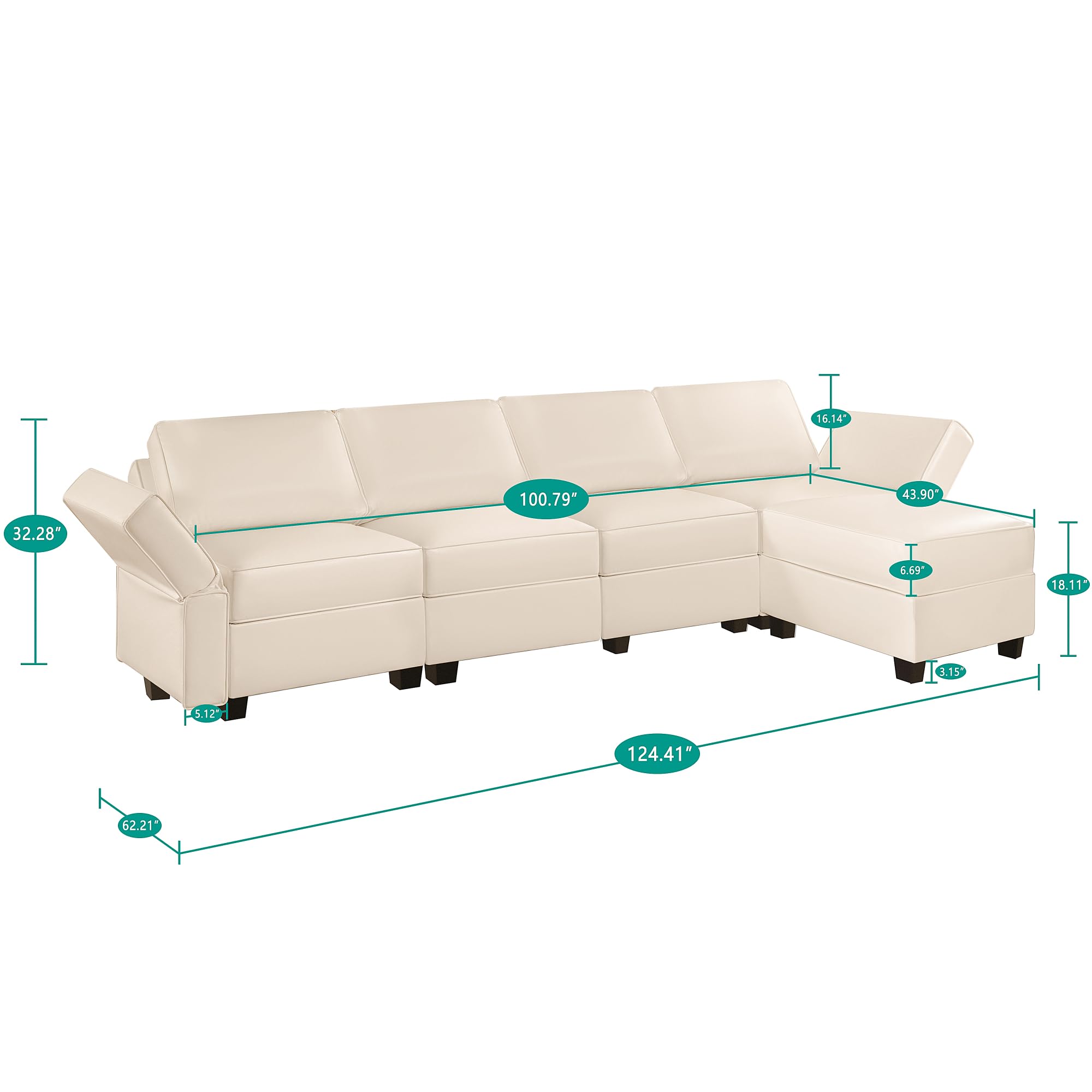 Naomi Home Sarah L-Shaped Sofa with Storage Seat Fabric Modular Sectional Couch Reversible Chaise L Couch Sectionnal Sofa, White, Air Leather