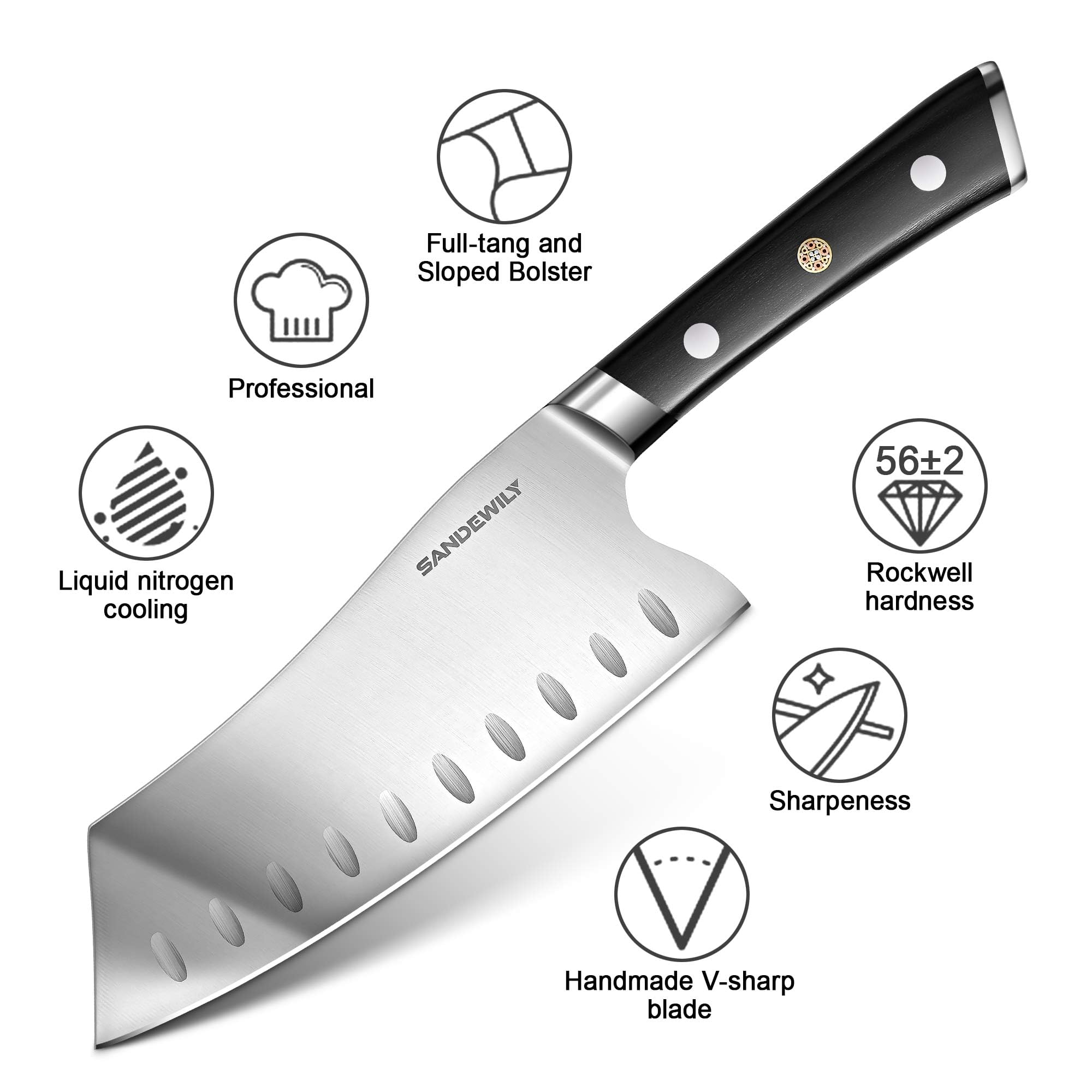 SANDEWILY Meat Cleaver Chef Knife,7-in Ultra Sharp Kitchen Knife,Slicer Knife Cooking Knife Vegetable Knife,German HC Stainless Steel,Full Tang Wood Handle,Gift Box for Home Outdoor BBQ Camping
