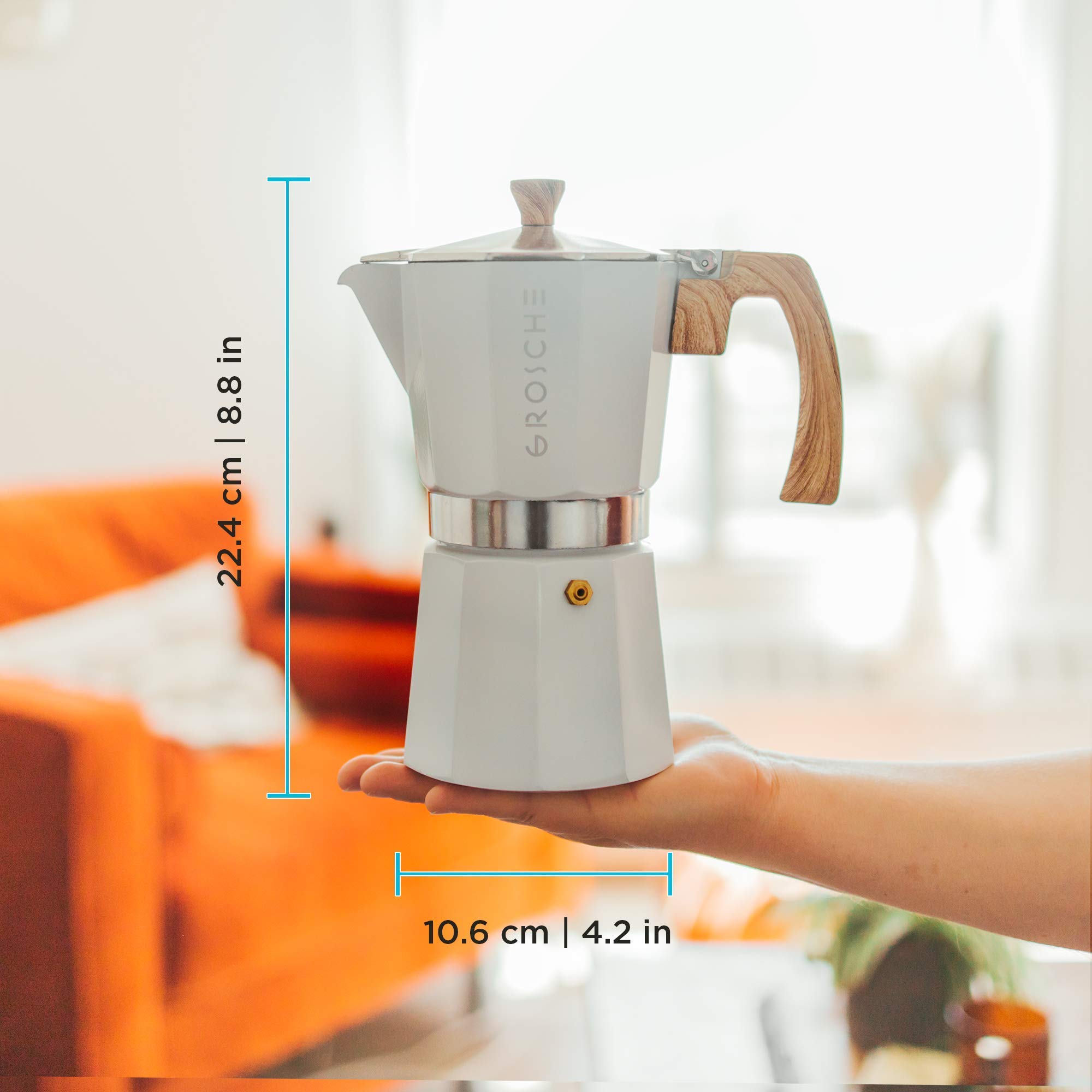 GROSCHE Milano Stovetop Espresso Maker Moka pot 9 espresso Cup - 15.2 oz, White and 3 Replacement Seals Gaskets Bundle Stove top coffee maker Moka Italian espresso coffee maker and replacement gaskets