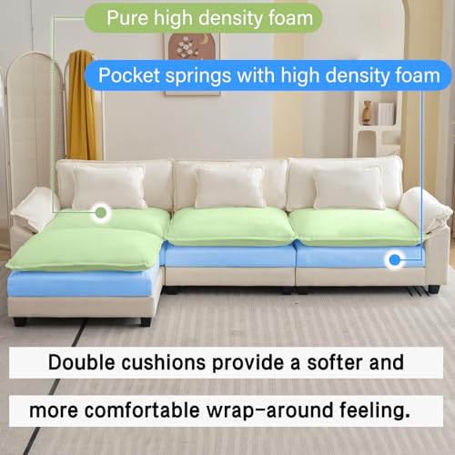 Oprisen Modular Sectional Sofa, Comfy Cloud Couch Sectional Sofa with Ottoman, Chenille Sofa Sleeper Deep Seat Sofa with Throw Pillows for Living Room (Beige, 120"- L Shape)