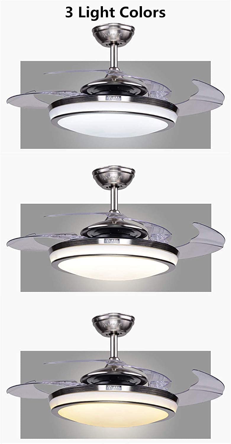 Fandian 44" Modern Ceiling Fan with Lights Remote Control Chandelier Fixture, 3 Lighting Changes Retractable Fandelier for Living Room Bedroom, Brush Chrome with Silent Motor