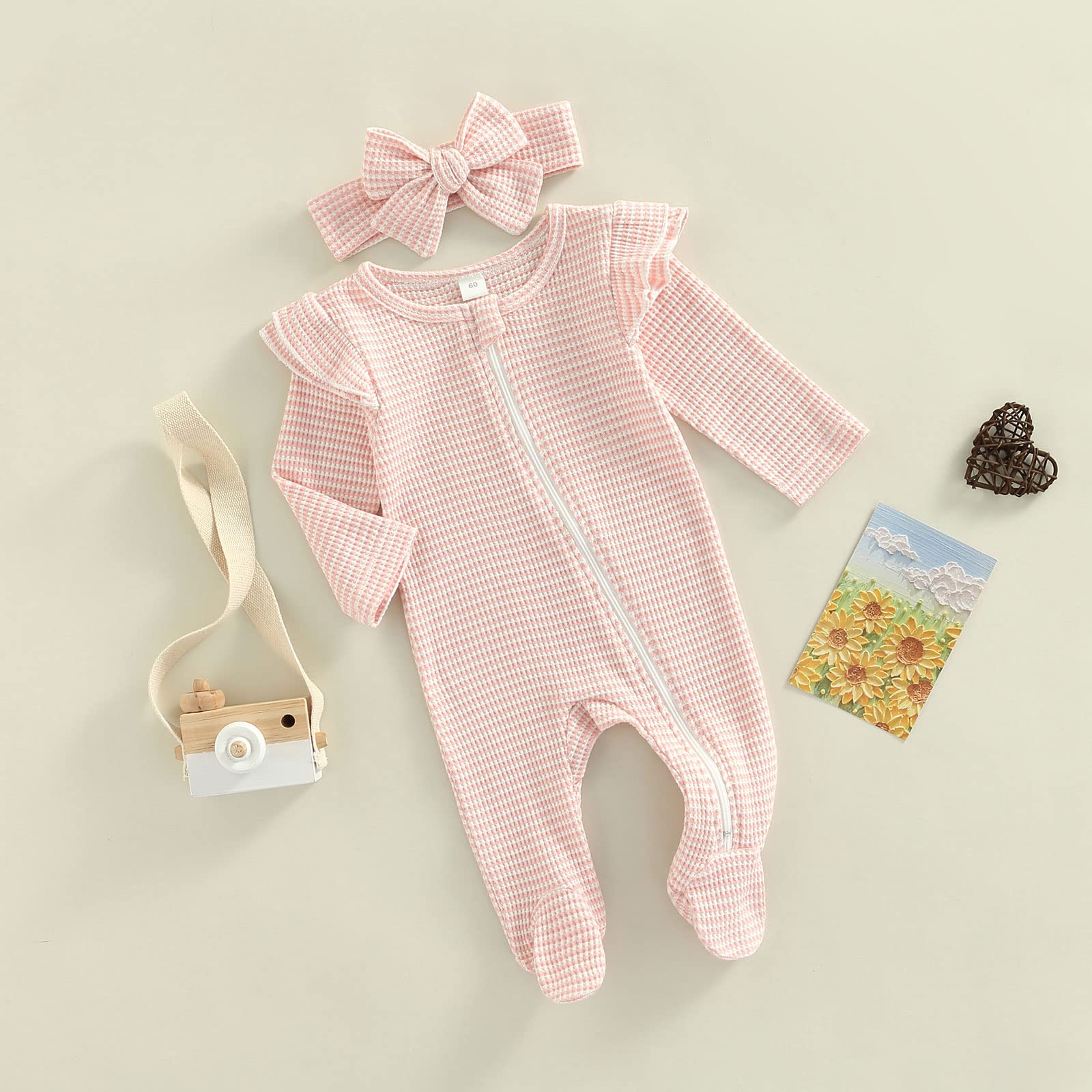 Kuriozud Newborn Baby Girl Striped Sleeper Zipper Footie Romper Ruffle One Piece Outfit Infant Clothes (0-3 Months, Striped Ruffle Pink)
