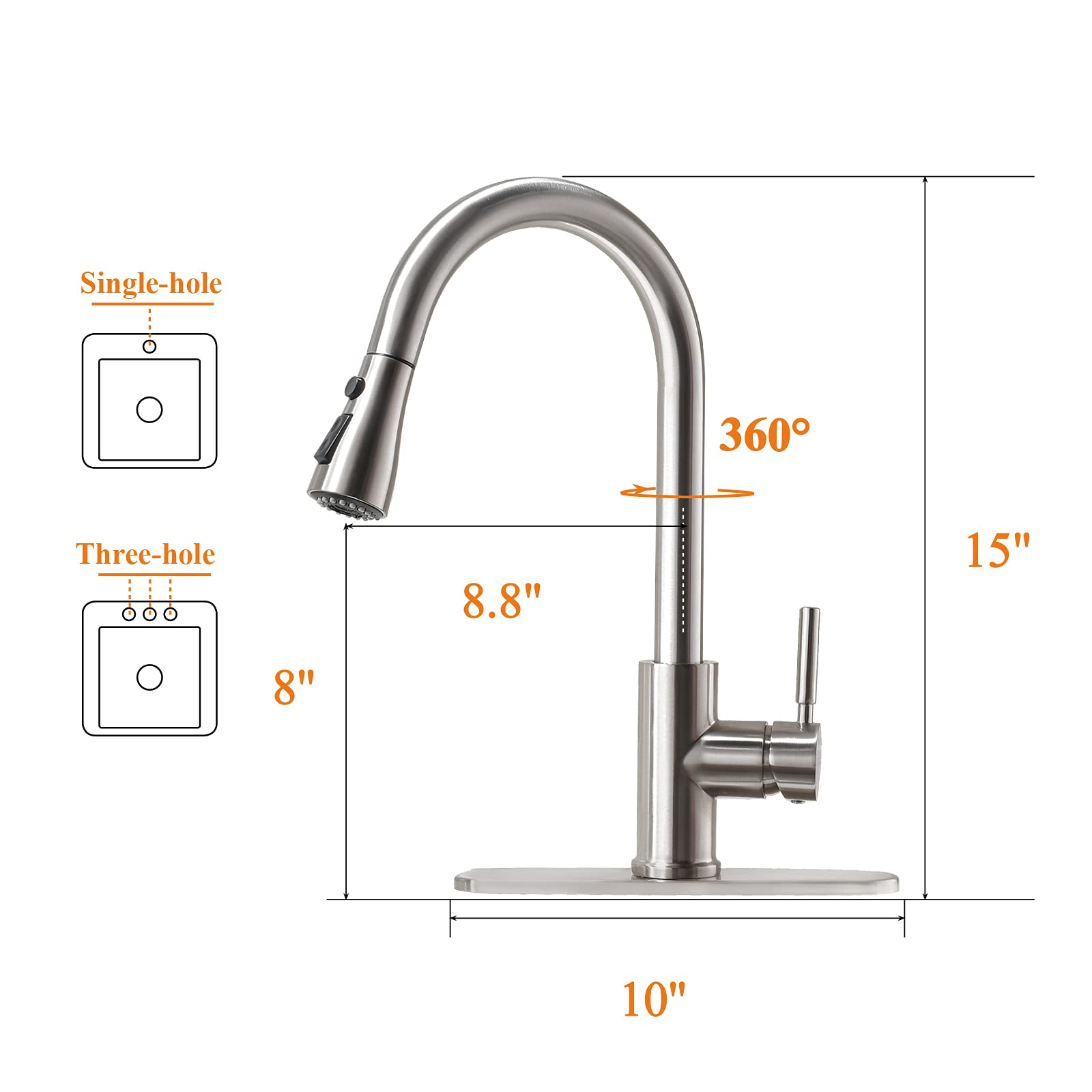 RULIA Kitchen Faucet, Kitchen Sink Faucet, Sink Faucet, Pull-Down Kitchen Faucets, Free Water Filter Included, Brushed Nickel, Stainless Steel, PB1020