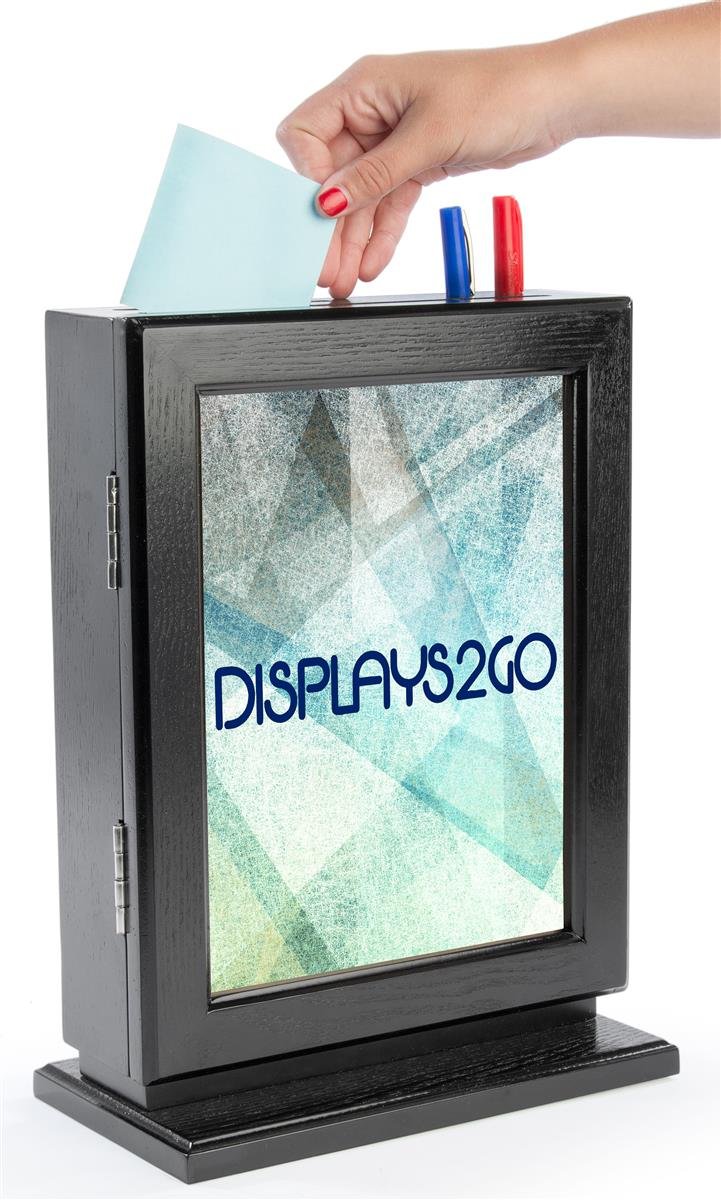 Displays2go Genuine Wood Suggestion Boxes, with Pen, Locking Door, 2 Slots - Choose Oak, Mahogany, or Black