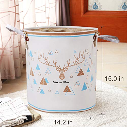 Deer Laundry Basket, Large Foldable Canvas Laundry Hamper with Handles Round 15" Cartoon Home Organizer for Baby Nursery,Toys,Laundry,Clothing,Gift Storage Baskets