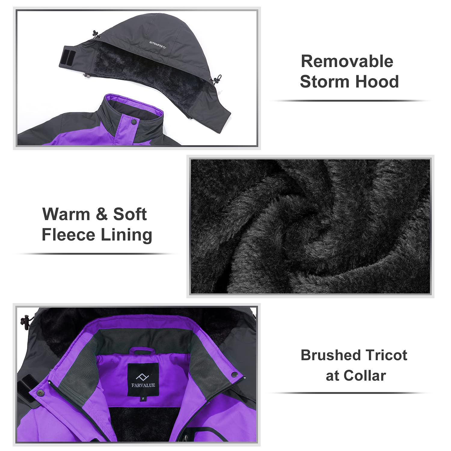 FARVALUE Womens Waterproof Ski Jacket Warm Winter Snow Coat Windproof Snowboard Jacket Hooded Raincoats Mountain Windbreaker Purple Small