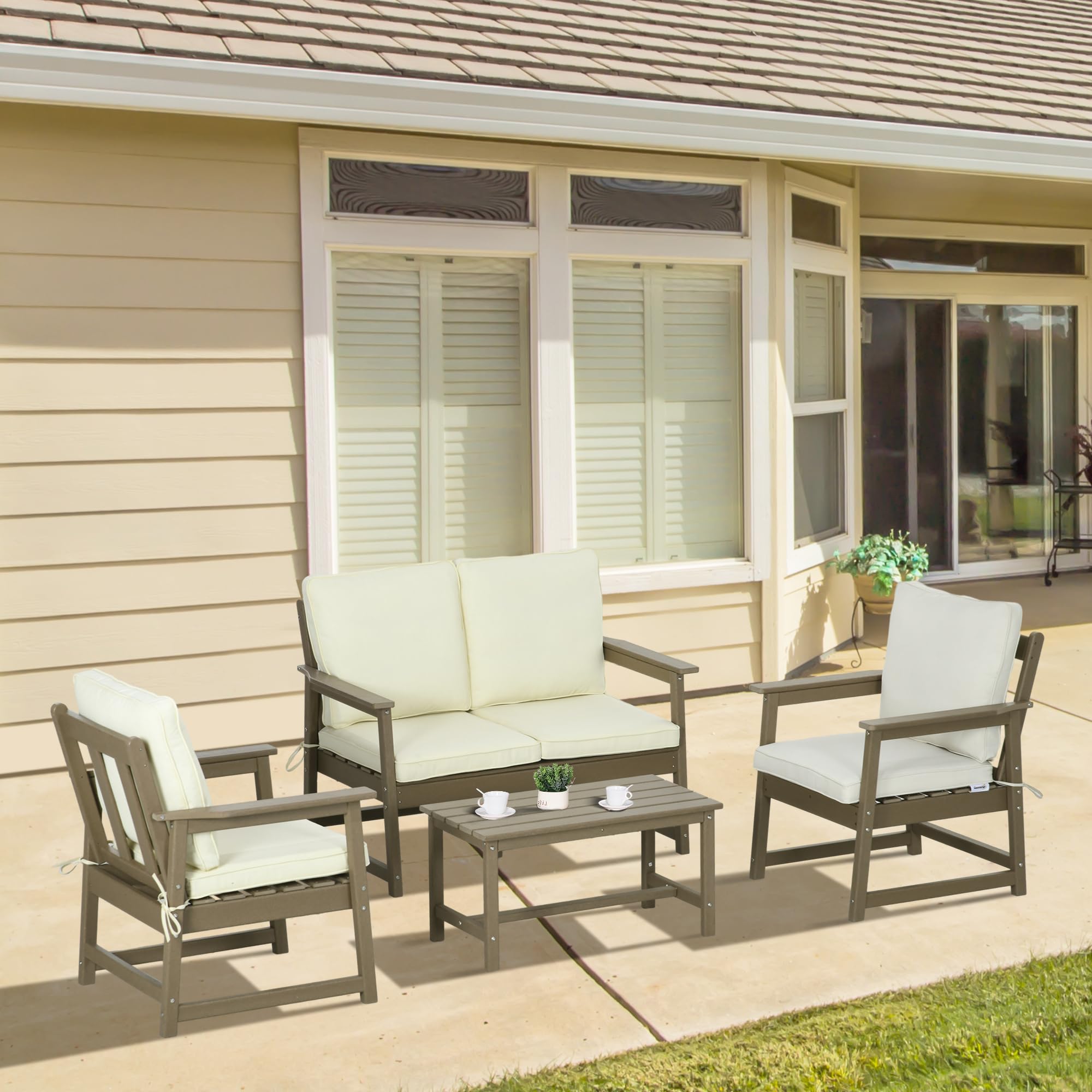 Outsunny 4 Piece Patio Furniture Set with Cushions, HDPE Conversation Sofa Set with Two Chairs, Loveseat, and Slatted Top Coffee Table, Cream White