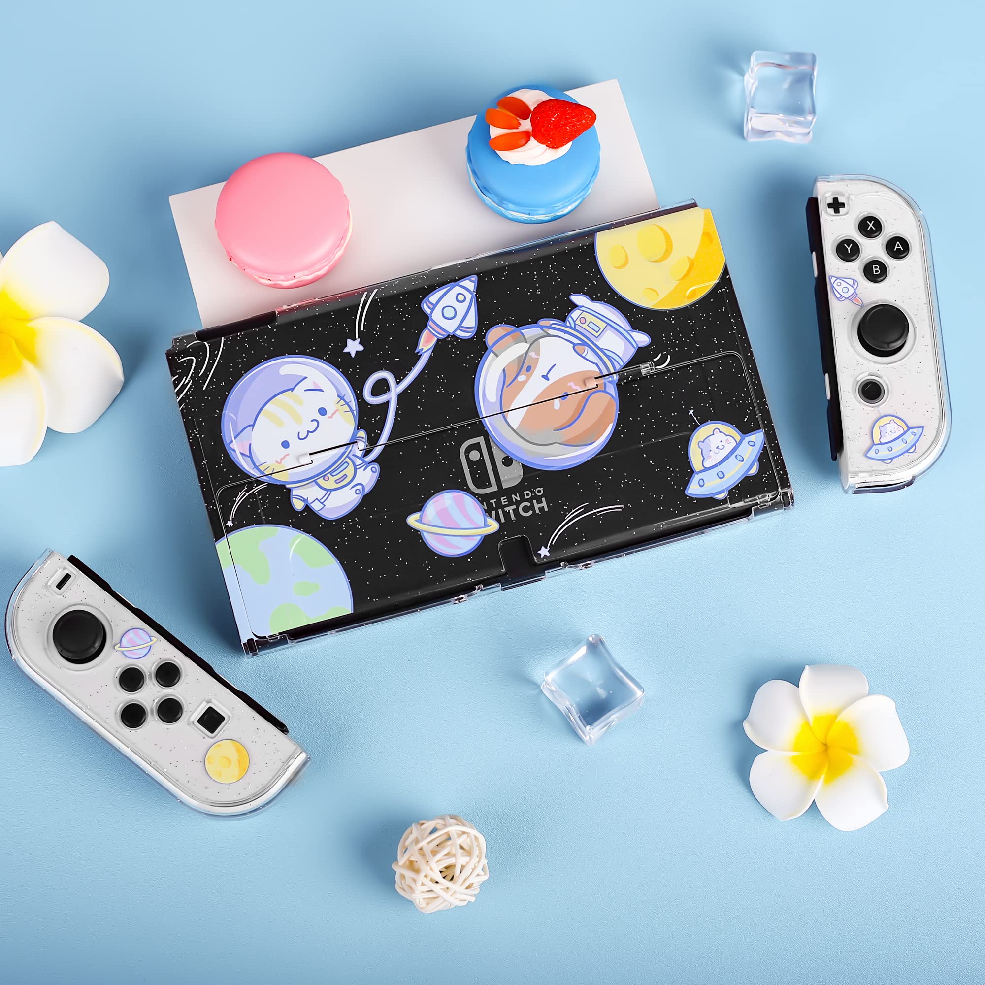 Glitter Case Compatible with Nintendo Switch OLED, FANPL Cute Dockable Cover with Space Cat & Dog Pattern for Switch OLED Console and Joycon, Hard PC Shell with Ergonomics Grip Case, Kawaii Skin