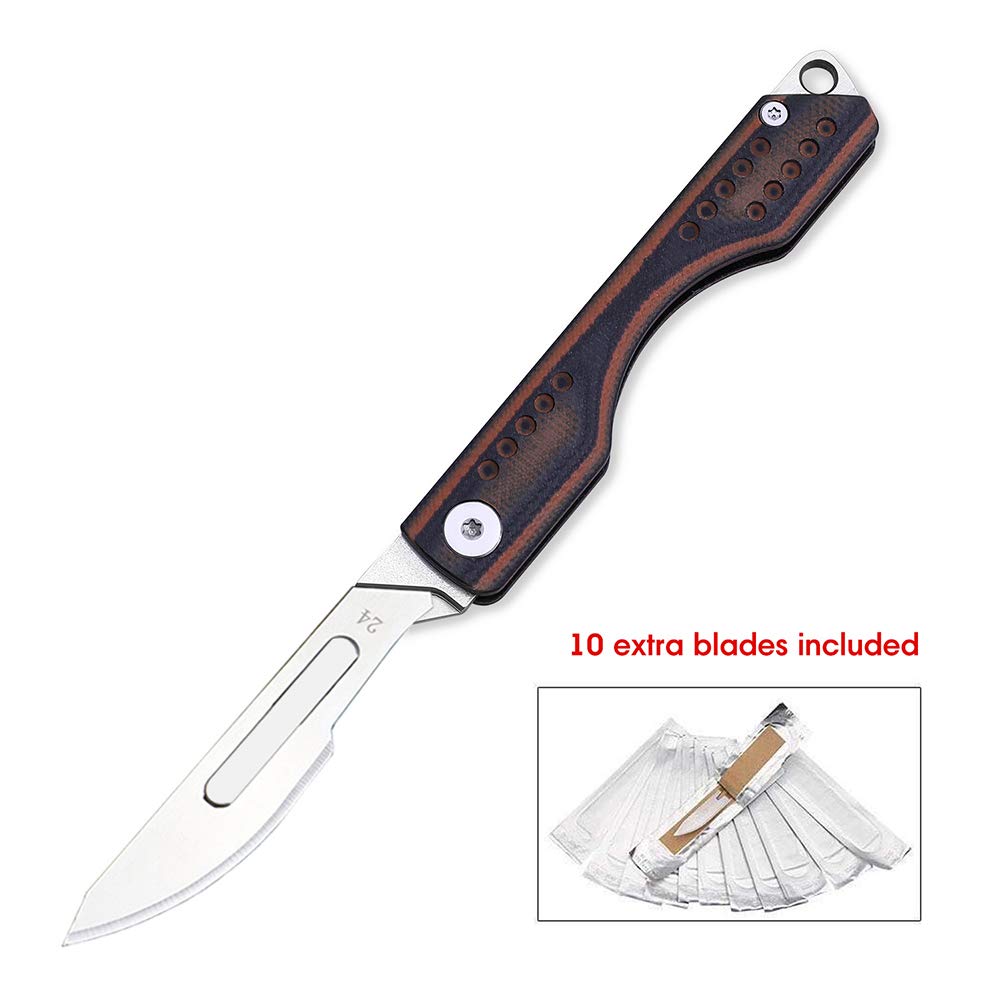 edcfans Folding Pocket Knife G10 Handle, Skinning Knives for Hunting, Scalpel Knife with 10 Razor Sharp Surgical #24 Carbon Steel Replacement Blades, Perfect EDC Keychain Utility Knife for Outdoor