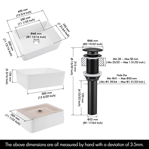 KES Rectangle Bathroom Sink with Bathroom Sink Drain Combo, 16" x 12" White Ceramic Vessel Sink Above Counter with Pop Up Drain Stopper Brass and Stainless Steel Matte Black, BVS110S40+S2008D-BK