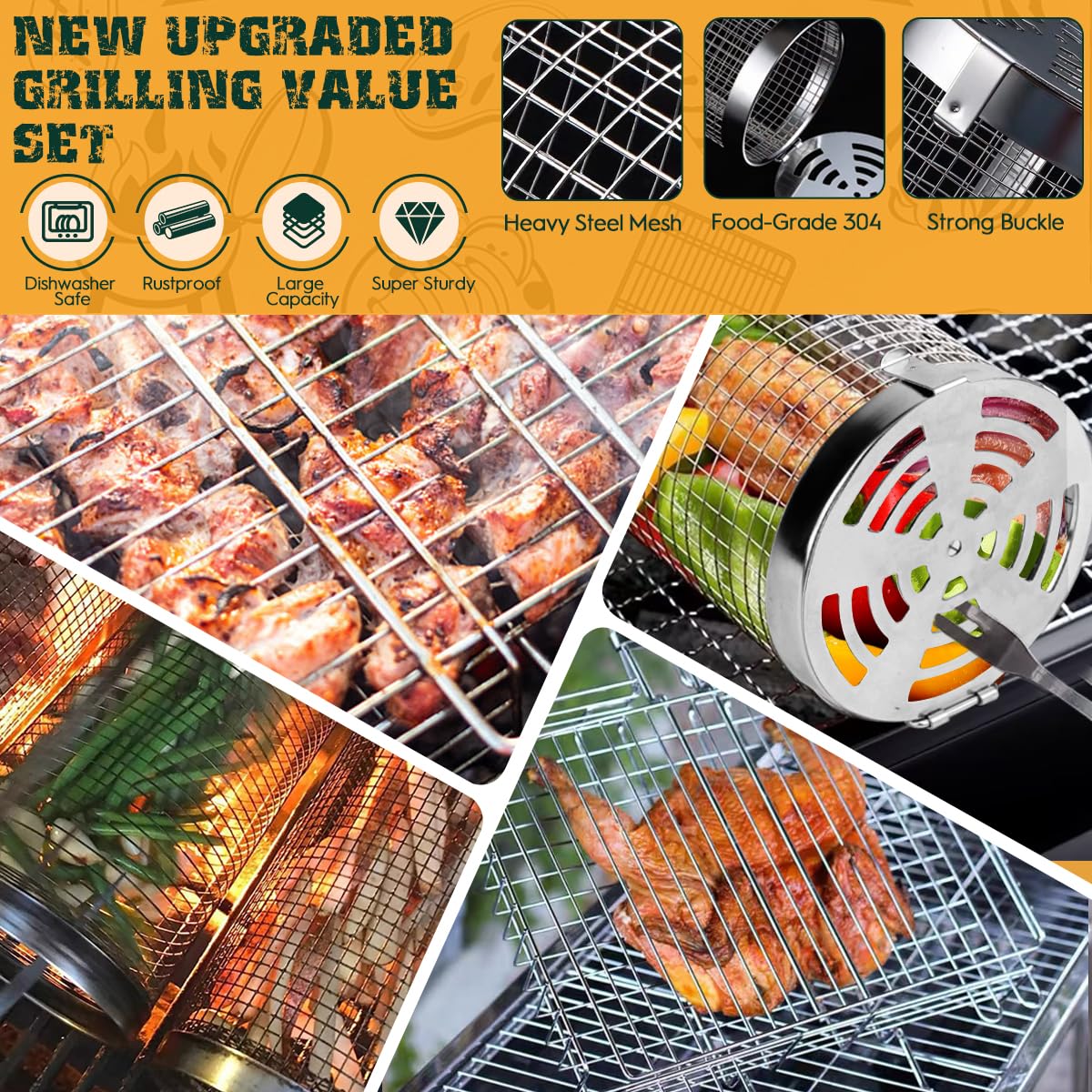 Grill Basket,11pcs Rolling Grill Baskets For Outdoor Grill With Barbeque Grilling Accessories,Stainless Steel Barbecue Folding Grill Basket With Handle,Brush,Portable Bbq Camping For Fish,Shrimp,Vegetables,Birthday Gifts For Men Dad