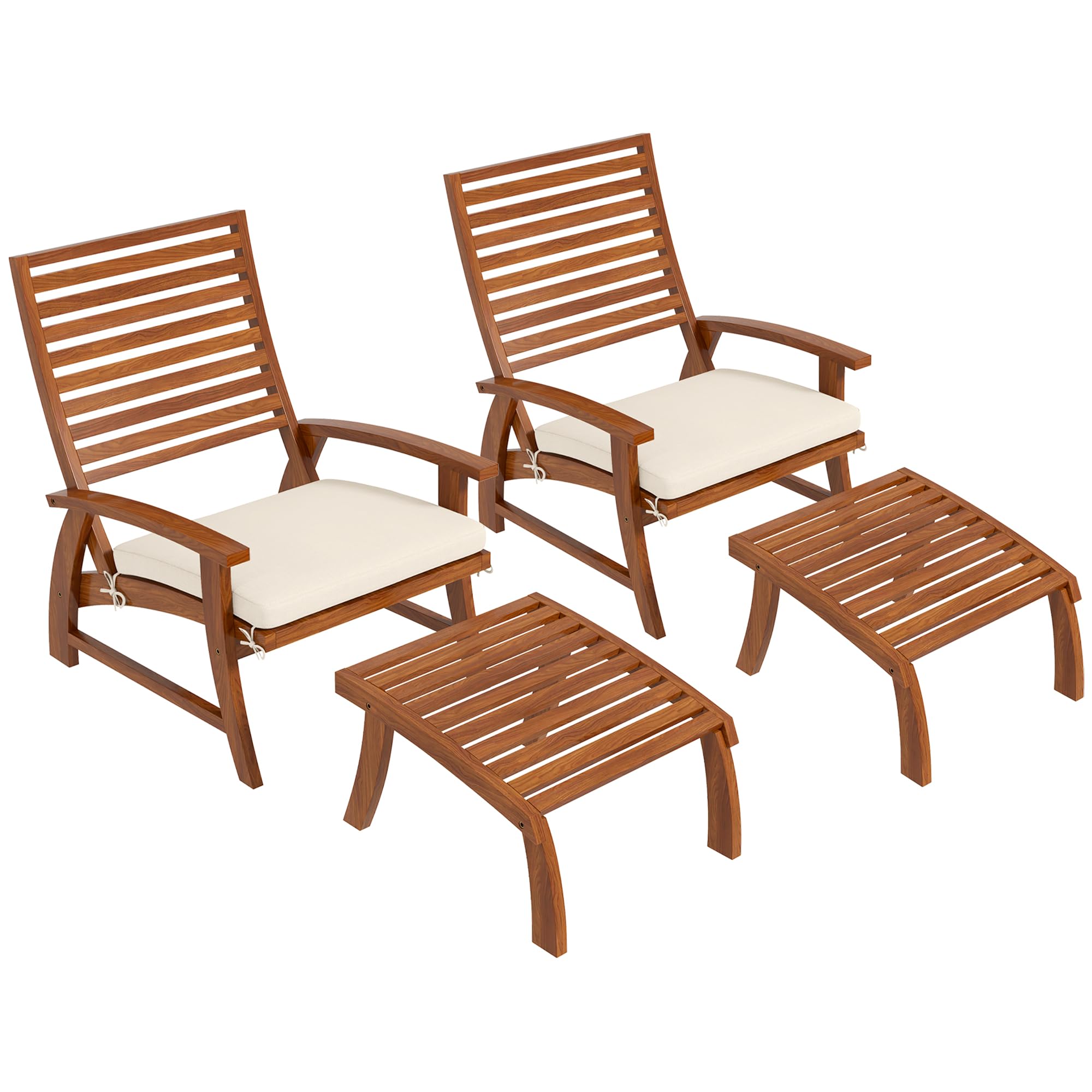 Outsunny 4 Piece Patio Furniture Set, 2 Chairs with Cushions & Ottomans, Outdoor Chair Set for 2 with Footstools, Slatted Acacia Wood Seat & Backrest, Cream White