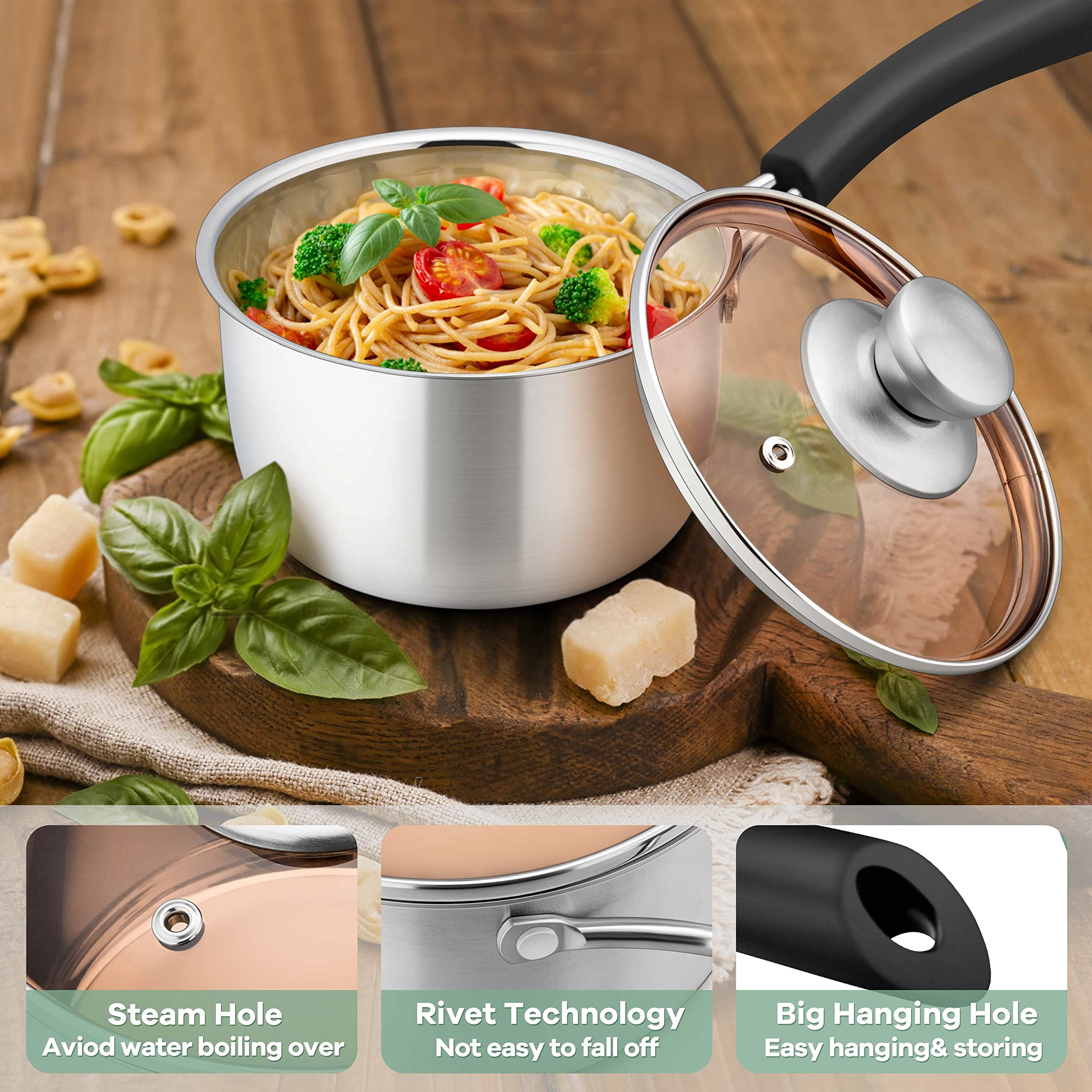 Herogo 1 Quart Saucepan with Lid, 18/10 Stainless Steel Nonstick Small Sauce Pan Pot, 1Qt Saucepan for Gas Electric Stove Top Camping, Healthy & Rust Free