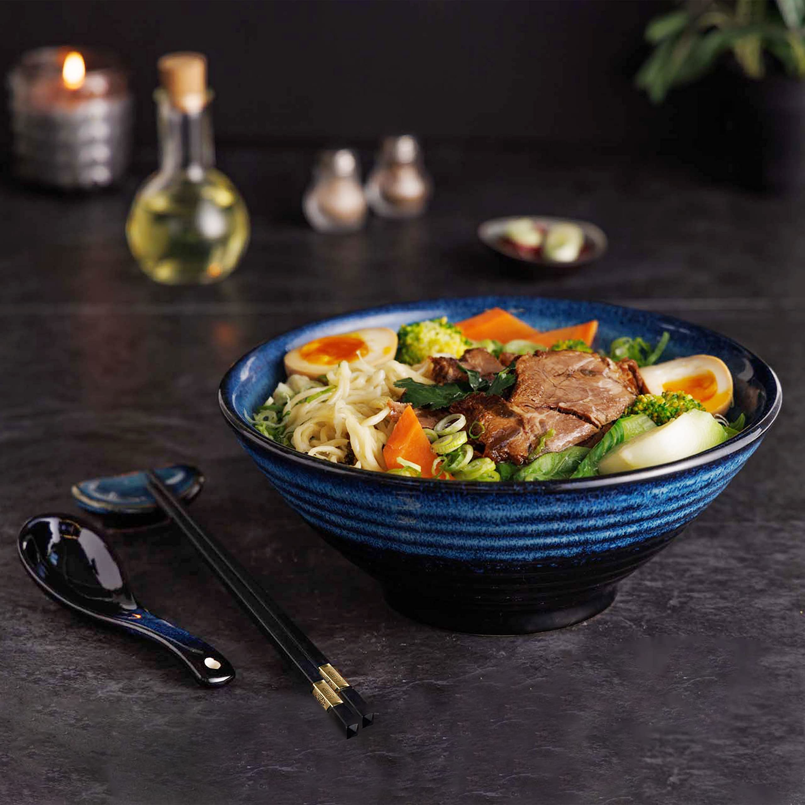 Grünhirsch Unbreakable Ramen Bowl Set of 2 (8 Pcs) - 44 Oz Exclusive Ceramic Ramen Bowls and Spoon Set - Ideal for Ramen Noodles, Pasta, and Pho - Japanese-Inspired Dining Experience with Chopsticks