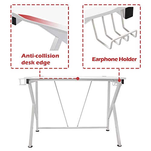 LYNSLIM Gaming Desk 39 Inch – Computer Deak for Home, K Shaped PC Gaming Table, Ergonomic Gamer Desk with Headphone Hook, Cup Holder and Cable Management (White)